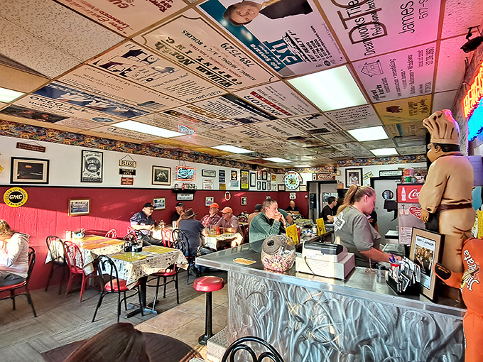 Where ceiling tiles become a community bulletin board and every inch tells a story. Roxy's interior is like dining inside a local history museum that serves incredible food.