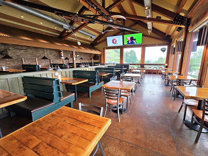 The dining room strikes that perfect balance&mdash;casual enough for post-hike meals, nice enough for celebrations, with those beams adding rustic gravitas.