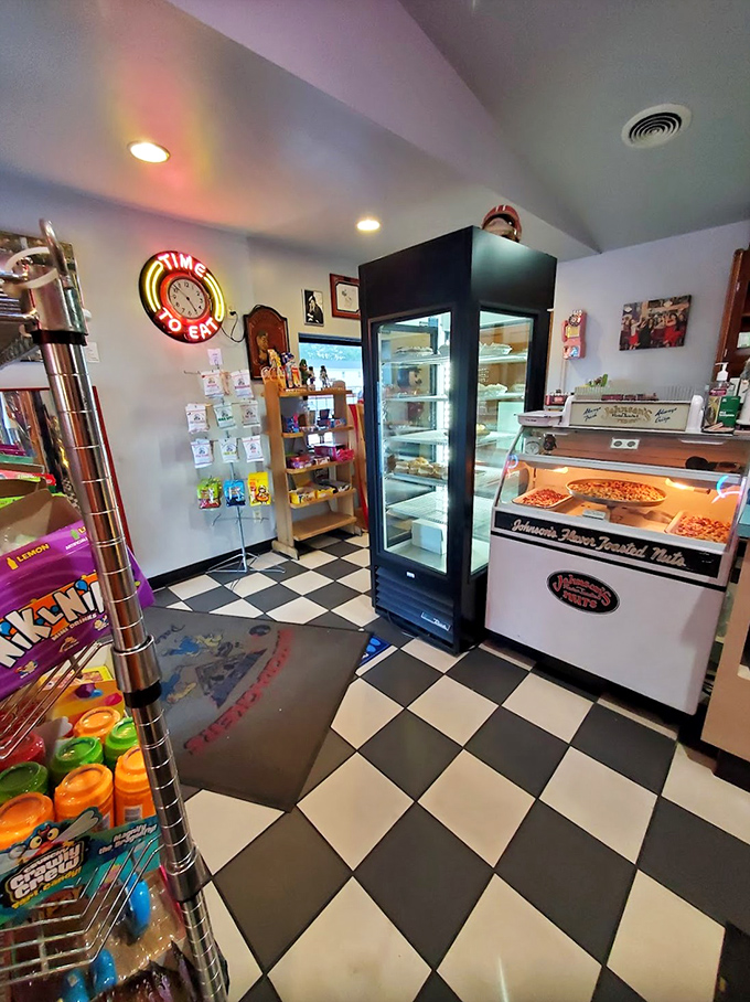 Classic black-and-white checkered floors and a "Time to Eat" neon sign&mdash;this place understands the universal language of comfort food nostalgia.
