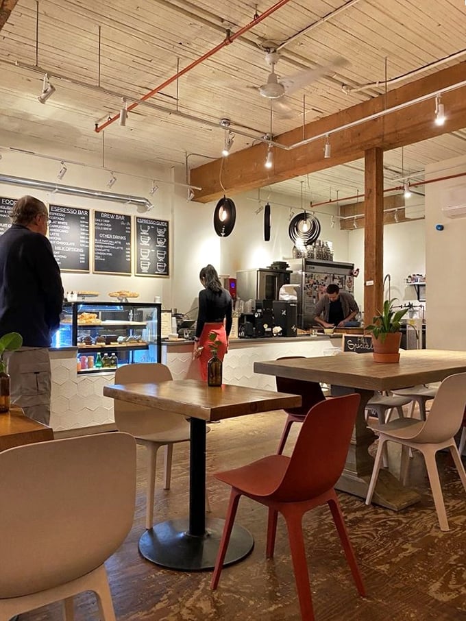 Wooden beams, subway tiles, and colorful chairs create the perfect backdrop for life-changing pie decisions. The struggle is deliciously real.