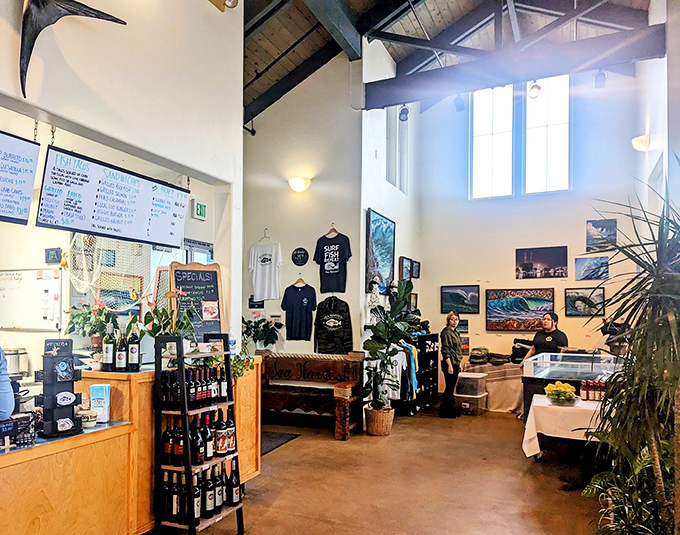 High ceilings, natural light, and ocean-themed decor create the perfect backdrop for seafood feasting. No white tablecloths needed when the fish is this fresh.