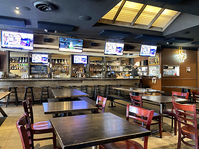 Inside, dark wood and multiple screens create the perfect backdrop for serious meat consumption.