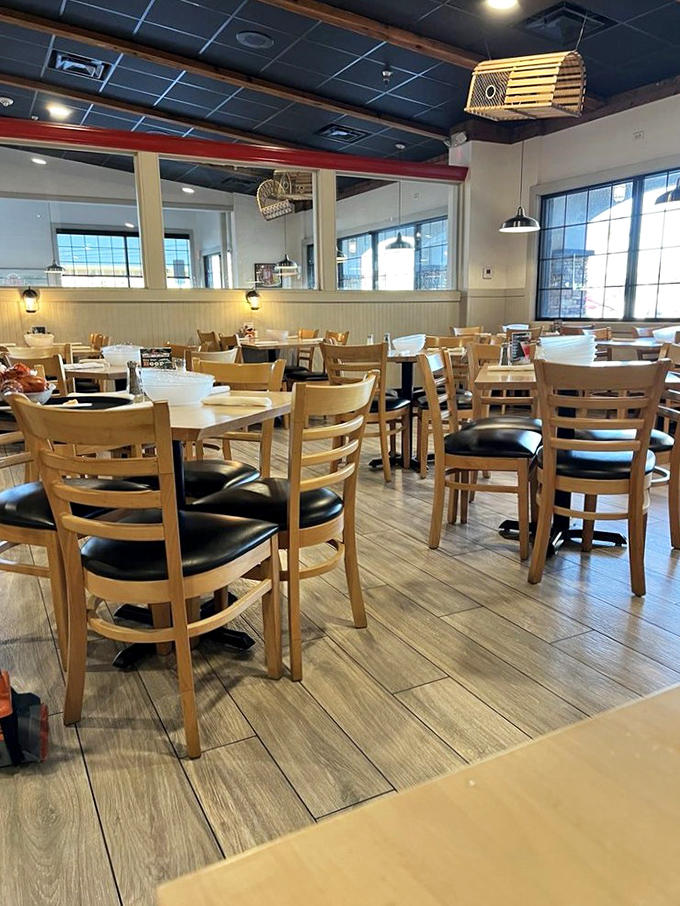 Simple, comfortable dining awaits inside, where the real stars aren't the decorations but what's about to land on those empty plates.