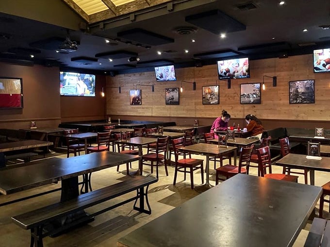 Inside, wood-paneled walls and communal tables create the perfect setting for what's about to become your new favorite BBQ memory.