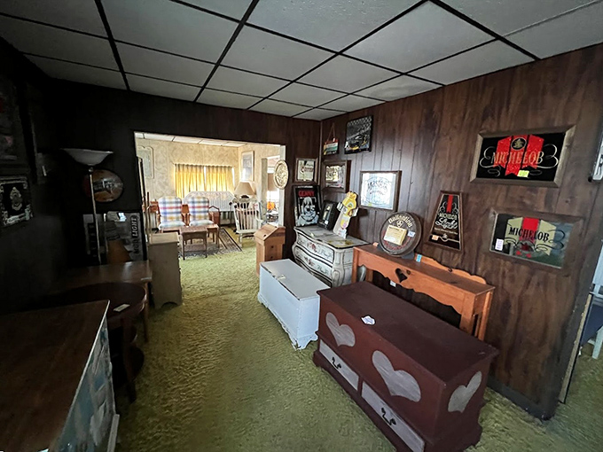 Wood-paneled walls and vintage furniture create the perfect treasure hunt atmosphere. Like walking through your coolest grandparent's attic&mdash;if they collected everything awesome.