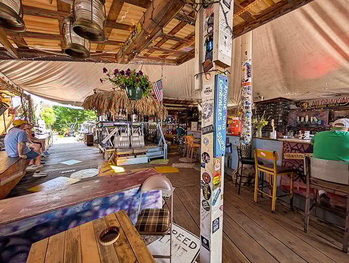 Where every support beam tells a story. The interior is a living collage of memories, mementos, and the occasional life philosophy scrawled by patrons past.