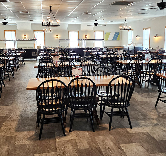 Simple wooden tables and Windsor chairs create an atmosphere that feels like Sunday dinner at Grandma's&mdash;if Grandma could feed an army.