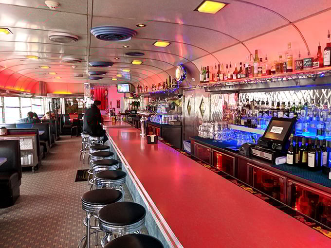 Step inside and you're transported to diner heaven&mdash;curved ceiling, red counter, and a bar that glows with possibility like the jukebox of your dreams.