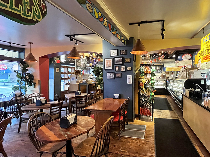 Inside, wooden tables and vintage decor create that perfect lived-in deli atmosphere where memories and mustard stains accumulate in equal measure.