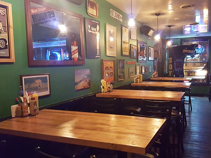 Green walls adorned with vintage memorabilia create that perfect "been here forever" vibe, even when you're visiting for the first time.