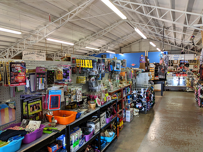 Aisle after aisle of possibility. The indoor section offers climate-controlled comfort and endless rows of merchandise waiting to be explored.