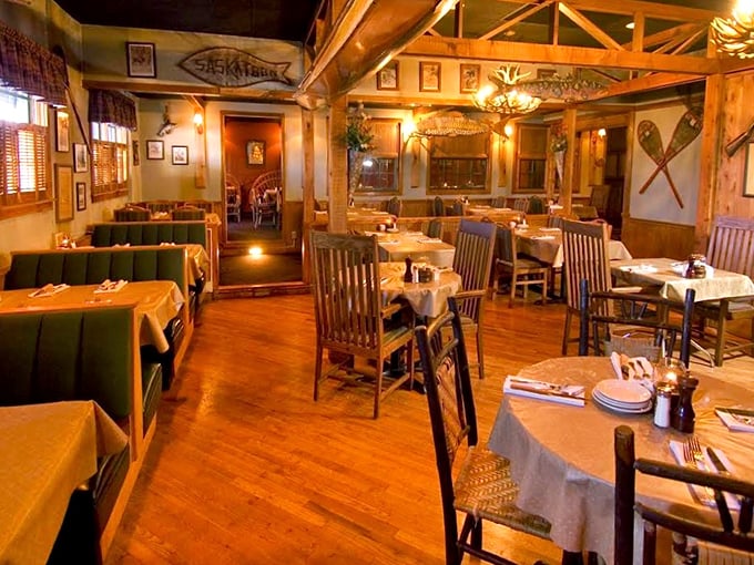 Inside, wooden beams and antler chandeliers create the perfect atmosphere for carnivorous adventures. The dining room feels like a mountain retreat transported to South Carolina.