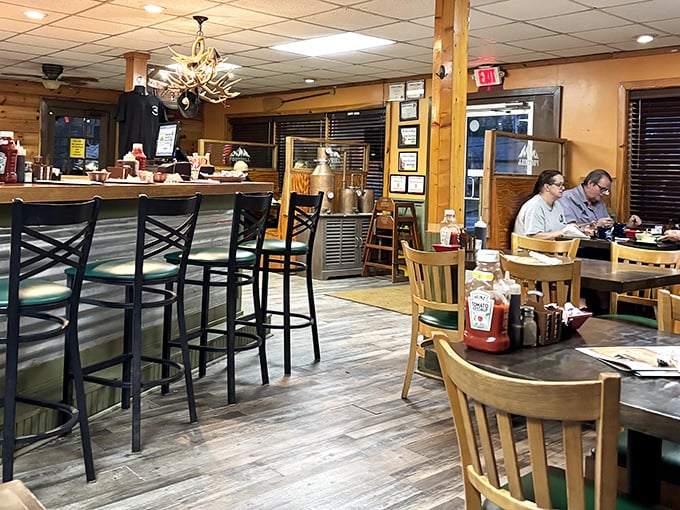 Wooden beams, antler chandeliers, and comfortable seating create that perfect "I've found my new favorite spot" feeling that great diners always deliver. 