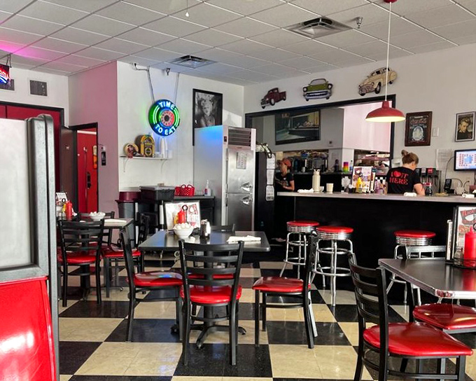 Classic diner perfection with checkerboard floors and red vinyl that practically hums with Americana.