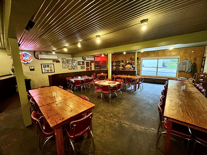 Simple wooden tables and red chairs await the faithful who've completed their pilgrimage. This no-frills dining room is Texas' most coveted real estate around lunchtime.