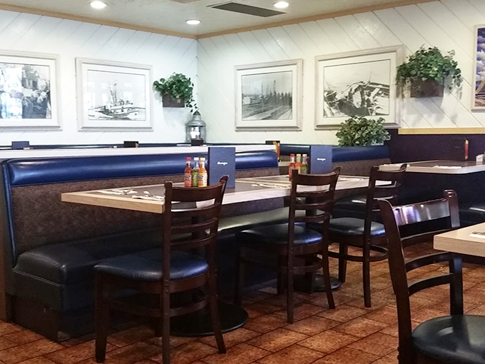 Blue vinyl booths and nautical artwork create that perfect "I'm about to eat something amazing" atmosphere.