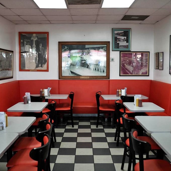 Classic diner aesthetics done right&mdash;red vinyl booths, checkered floors, and history on the walls. This isn't manufactured nostalgia; it's the real deal.