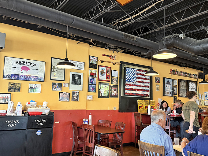 Yellow walls adorned with memorabilia and an American flag create the perfect backdrop for BBQ pilgrims. It's not fancy, but neither was Mozart's living room.