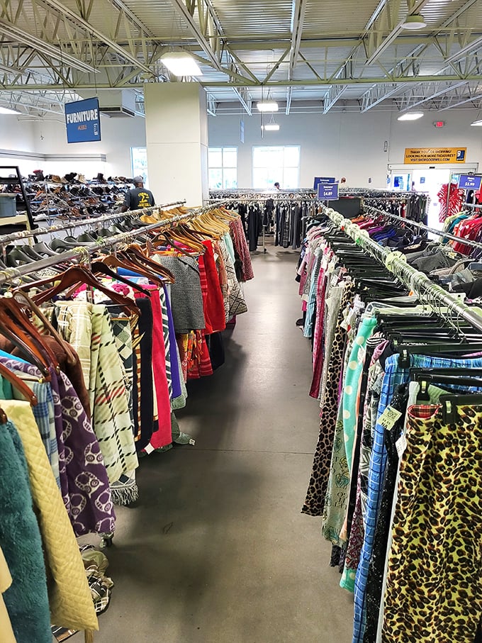 Racks upon colorful racks stretch toward the horizon. This isn't just clothing&mdash;it's a textile rainbow where fashion finds its second chance.