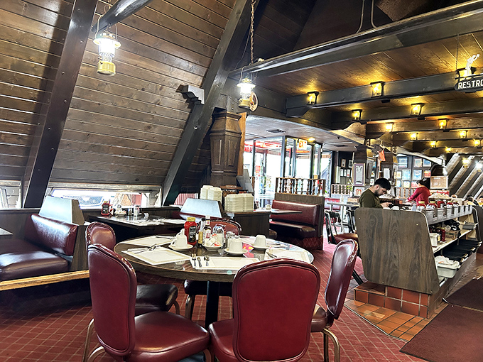 Wooden beams and red vinyl booths create that perfect diner atmosphere&mdash;like walking into your favorite aunt's cabin, if she happened to be a breakfast wizard. 