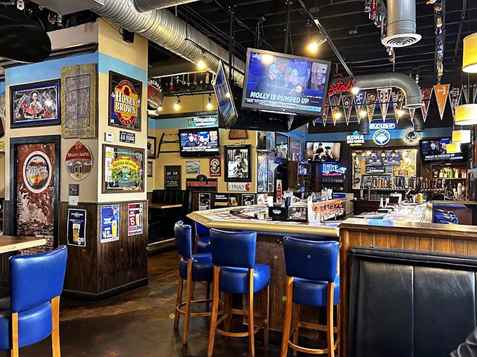 Step inside and the sports bar meets culinary playground vibe hits you immediately&mdash;blue bar stools, exposed ductwork, and enough TVs to satisfy even the most dedicated sports fan.