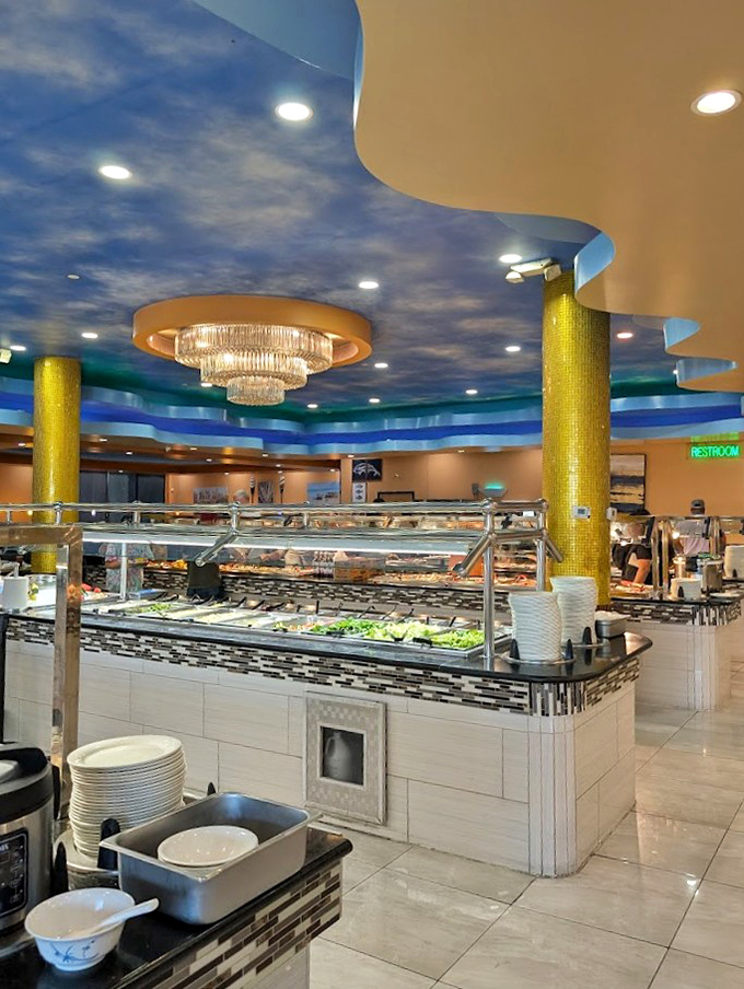 Inside, bright orange tables and red chairs create a cheerful backdrop for serious eating. This isn't ambiance&mdash;it's happiness with furniture.