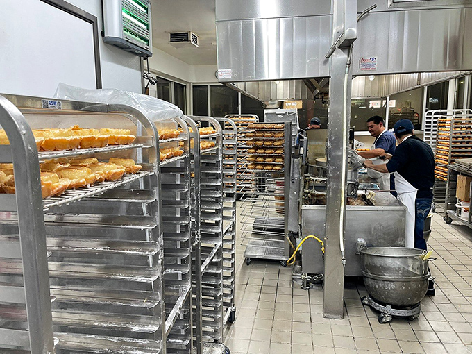 Behind the scenes magic where dough becomes dreams. This kitchen choreography has been perfecting the art of donut-making since 1952.