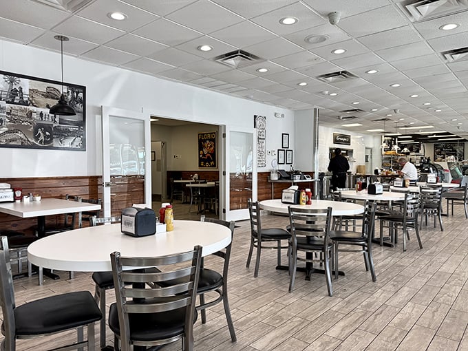 Inside, wood paneling and historical photos create that perfect diner atmosphere&mdash;comfortable enough to linger, efficient enough to keep the hungry masses fed.