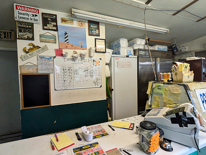 Inside, maritime memorabilia and handwritten crab prices create the authentic atmosphere that fancy restaurants spend thousands trying to replicate. This is the real deal.