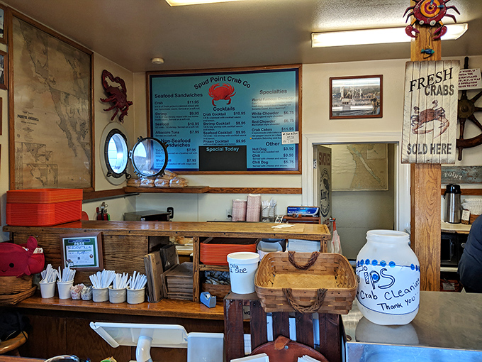 Inside this maritime treasure chest, nautical maps and crab decorations remind you that seafood doesn't need fancy surroundings to be extraordinary.