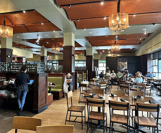 Warm wooden ceilings and thoughtful design create that perfect "fancy but not fussy" atmosphere where both date nights and Tuesday dinners feel equally at home.