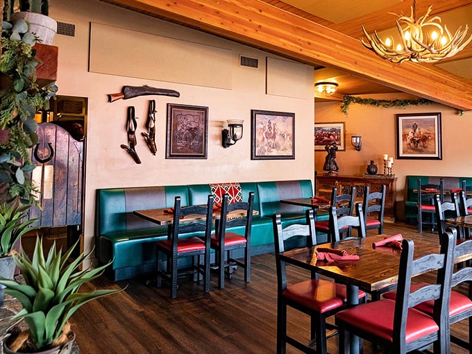 Those turquoise booths pop like desert wildflowers against rustic wood, creating the perfect backdrop for your steak story.