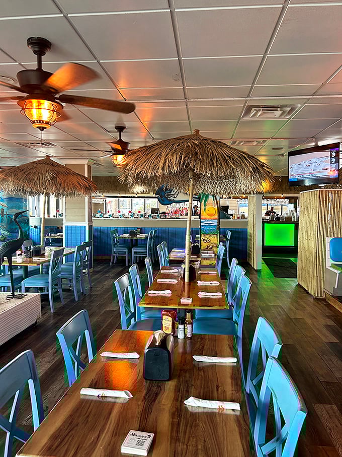 Those tiki umbrellas aren't just decor – they're protecting your food from jealous seagulls overhead.