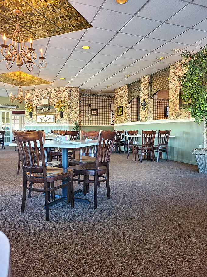 Step inside and you're transported to grandma's dining room, if grandma had impeccable taste in floral wallpaper and seating for fifty.