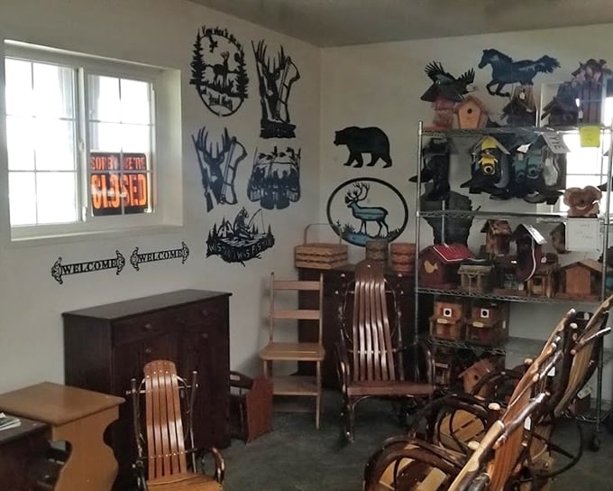 A treasure trove of handcrafted wooden wares shares space with wildlife silhouettes &ndash; rustic d&eacute;cor that whispers, "Slow down, city slicker."