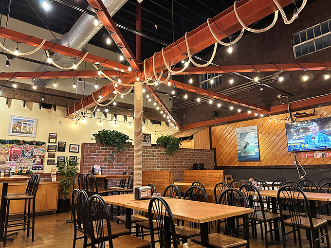 Exposed wooden beams and twinkling string lights create that perfect "come stay awhile" vibe that makes you forget you're in a restaurant.