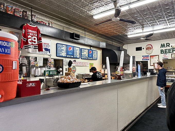 Inside, the no-frills counter operation speaks volumes: Chicago sports memorabilia, classic menu boards, and the promise of beef-based bliss.