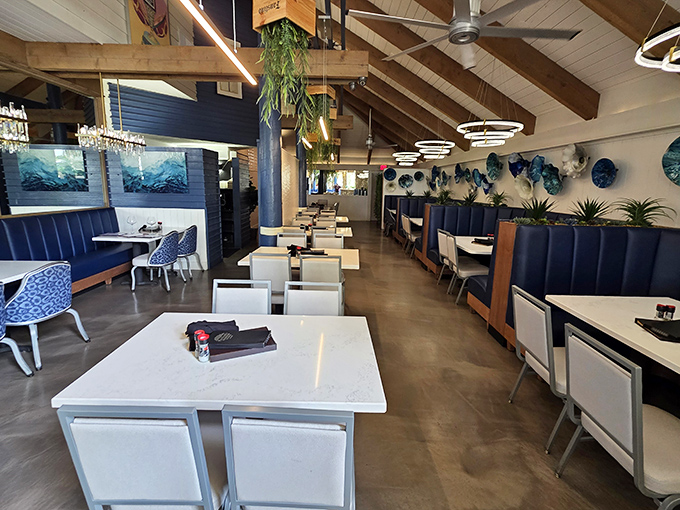 Blue and white elegance meets coastal charm in Norwood's dining room, where every table feels like the captain's table on a luxury yacht.