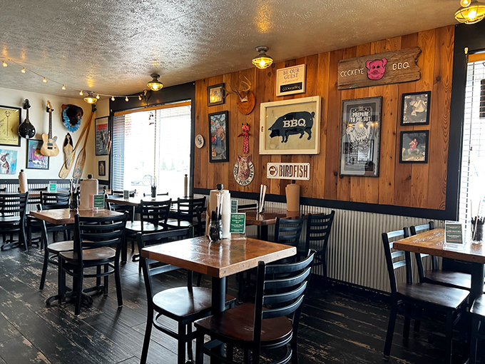 Wood-paneled walls adorned with guitars and pig memorabilia create the perfect backdrop for serious BBQ consumption. This isn't d&eacute;cor&mdash;it's a lifestyle statement.