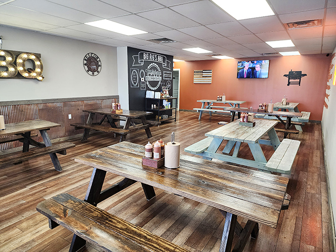 Rustic wooden picnic tables fill the no-frills dining room, where the focus is squarely on what matters most&mdash;the food that's about to change your day.