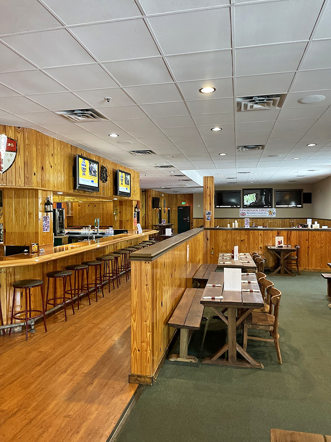 Wooden paneling that would make an English pub proud. This isn't decoration&mdash;it's a warm hug in architectural form.