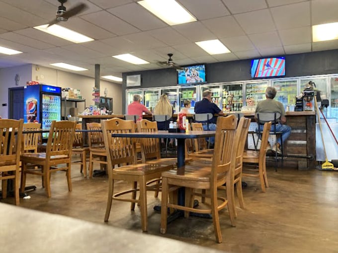 Classic Americana in black and white tiles. This isn't retro-chic design; it's a diner that never got the memo that the 1950s ended.