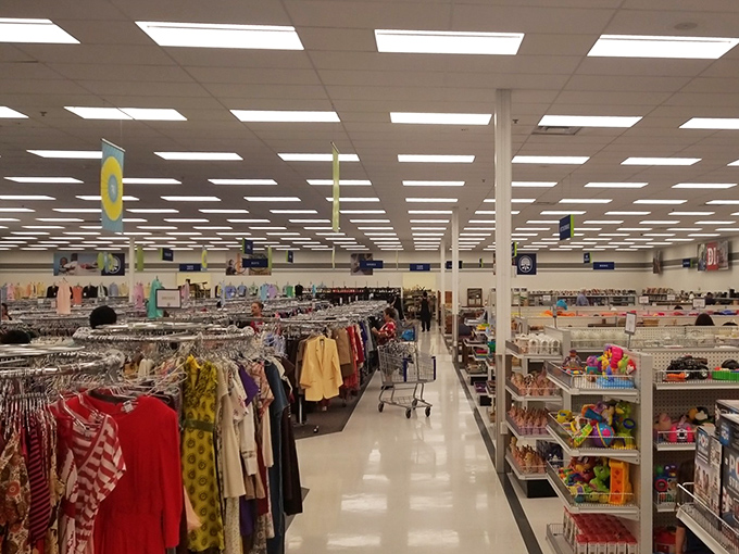 Endless aisles stretch like a bargain hunter's yellow brick road, leading to secondhand salvation and wallet happiness.
