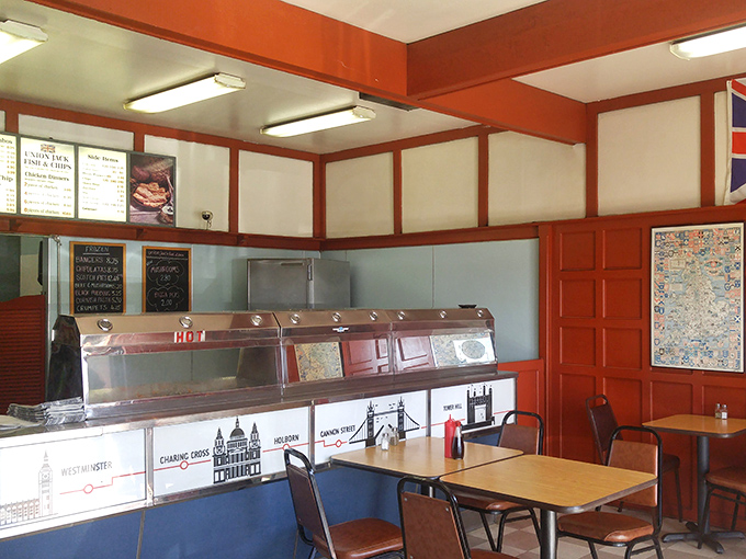 Step inside and you're transported across the pond. The red and blue color scheme, British iconography, and no-nonsense counter service scream "authentic chip shop."