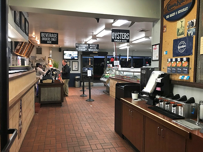 Inside, the no-nonsense layout tells you everything you need to know: this place prioritizes fresh seafood over fancy frills.