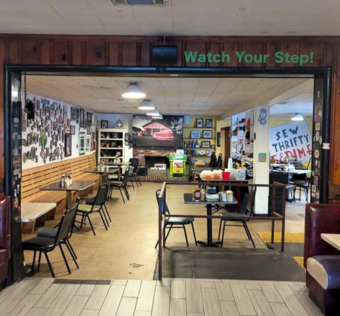 "Watch Your Step!" warns the sign, solid advice when you're about to fall head over heels for breakfast nirvana.