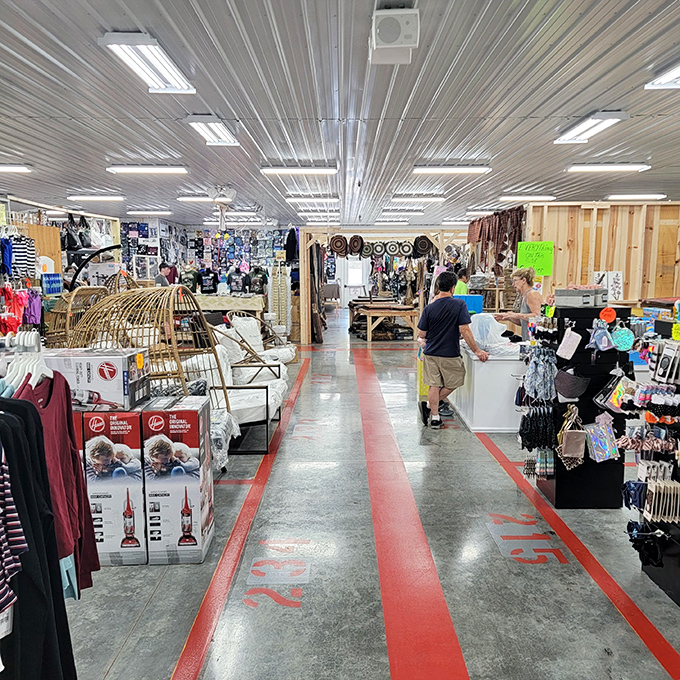 Follow the red-striped path like a retail Yellow Brick Road, leading shoppers through a wonderland of potential discoveries and unexpected finds.