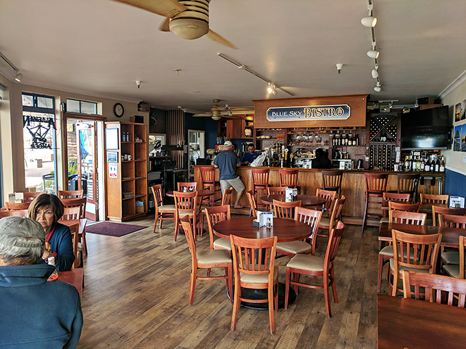 Inside, warm wood tones and comfortable seating create the perfect backdrop for serious breakfast burrito contemplation.