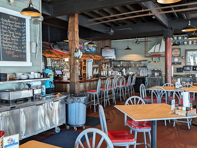 Inside, nautical charm meets no-nonsense dining. Those red-cushioned chairs have supported generations of happy eaters in their quest for crab nirvana.