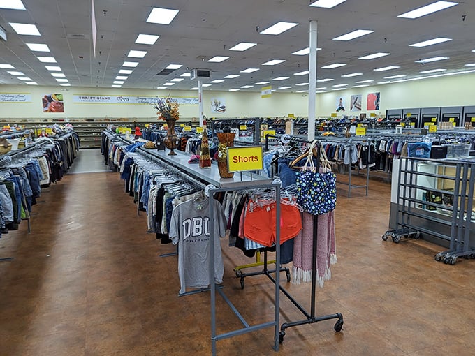Rows upon rows of meticulously organized clothing stretch toward the horizon, a textile sea where treasure hunters navigate by the yellow "Shorts" sign